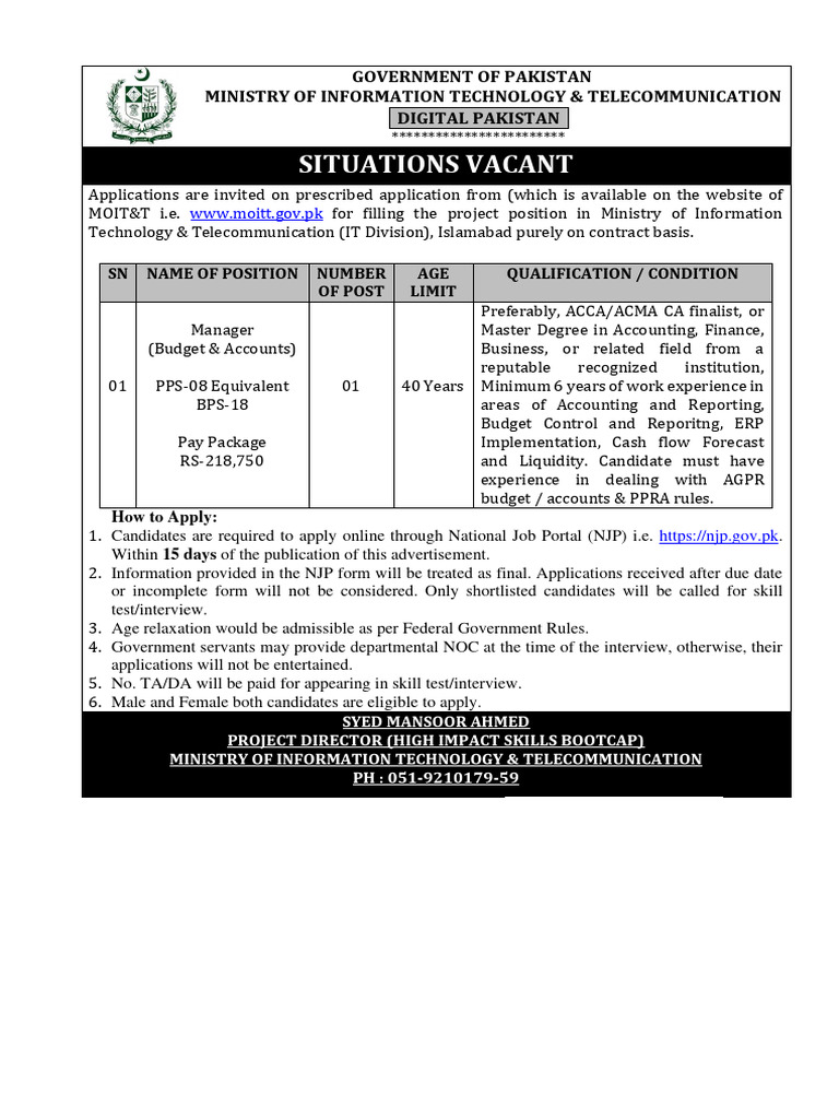 Job Advertisement Manager Budget and Account PPS-08 | PDF