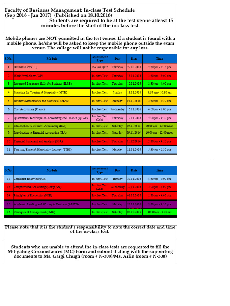 FoBM In-class Test Schedule 2016 | PDF | Science | Business