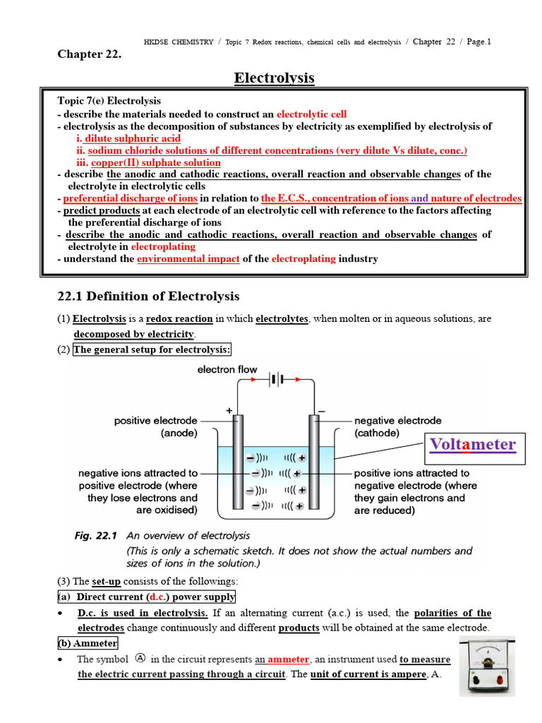 New Note Chapter 22 Electrolysis - 2022 - Student Version | PDF | Ion | Anode