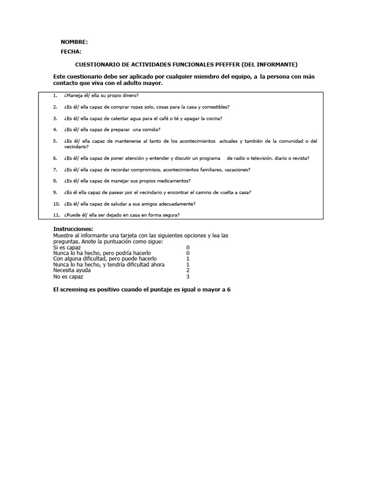 Cuestionario Funcional Pfeffer Adultos Mayores | PDF