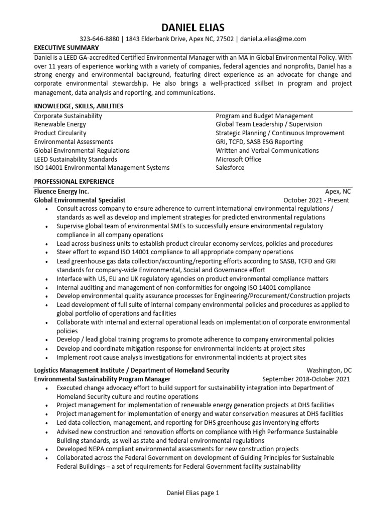Daniel Elias Resume May 2023 | PDF | Sustainability | Regulatory Compliance