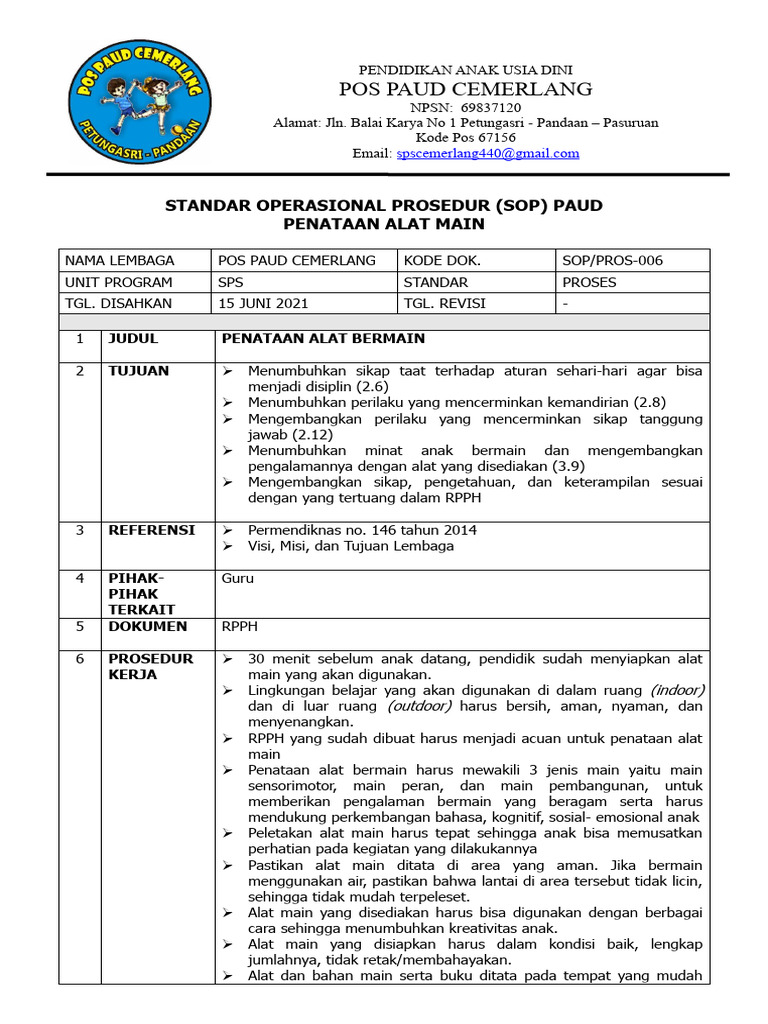Sop Paud Penataan Alat Main | PDF