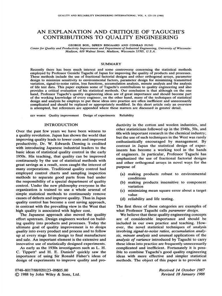1988 Box An Explanation and Critique of Taguchi's Contributions To Quality Engineering | PDF ...