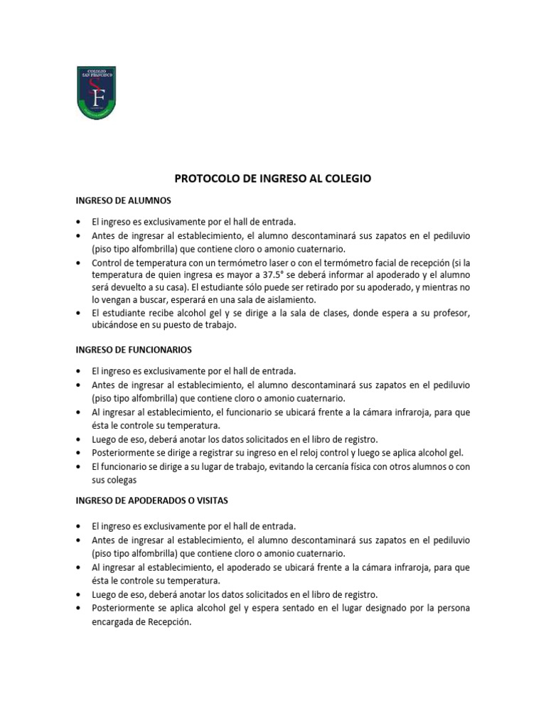 2021 Protocolo Ingreso Colegio | PDF