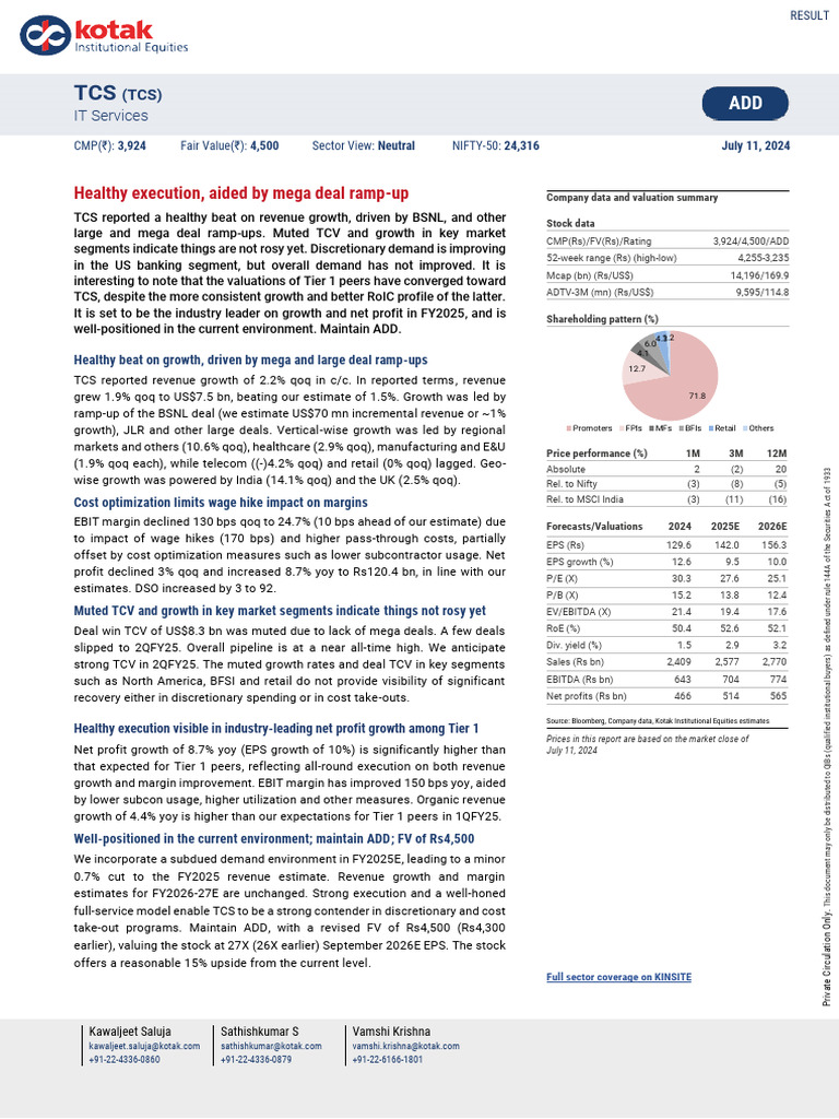 (Kotak) TCS, July 11, 2024 | PDF | Revenue | Net Income