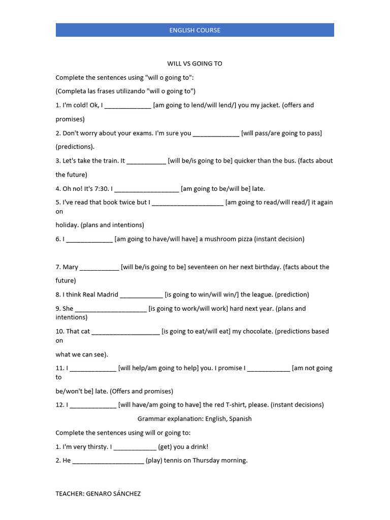 Will VS Going To - Exercises | PDF | Language Arts & Discipline