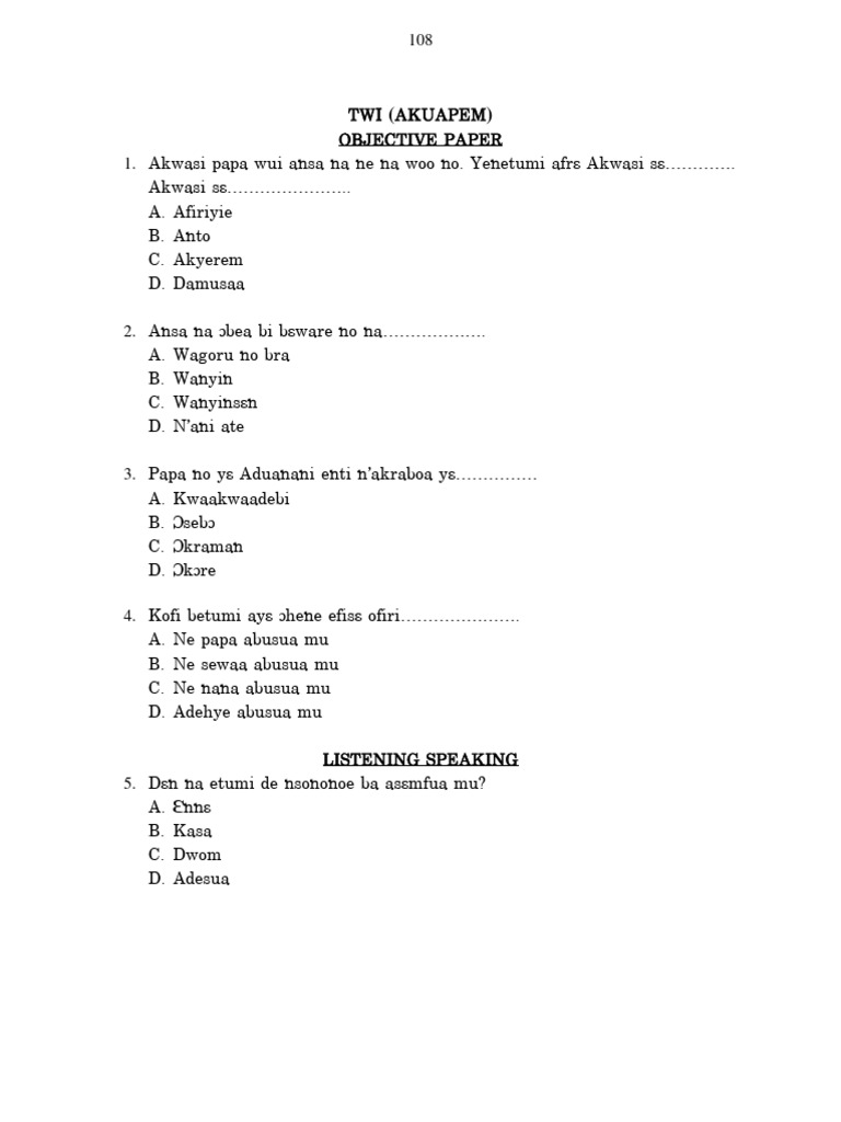 Asante Twi BECE Past Questions | PDF