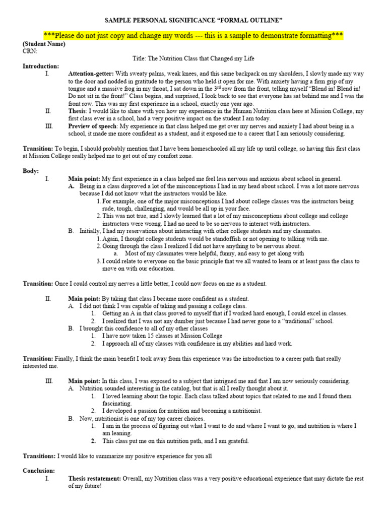 Speech of Personal Significance Outline Example | PDF | Nonverbal ...