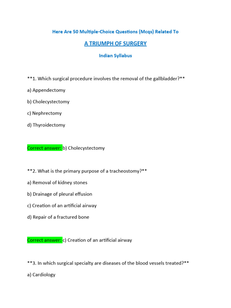 a triumph of surgery mcq | PDF | Percutaneous Coronary Intervention | Surgery