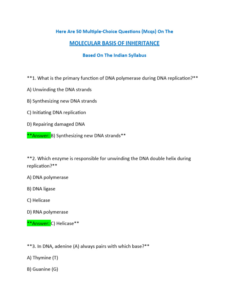 Molecular Basis of Inheritance MCQ | PDF | Messenger Rna | Rna