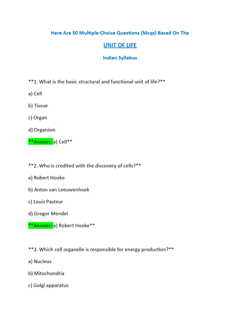 Cell The Unit of Life MCQ | PDF | Cell (Biology) | Cell Nucleus