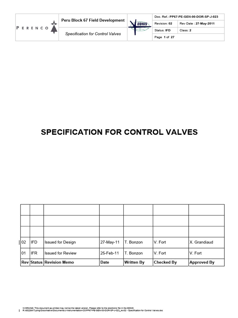 PP67-PE-GEN-00-DOR-SP-J-023_rev02 - Specification for Control Valves | PDF | Valve ...