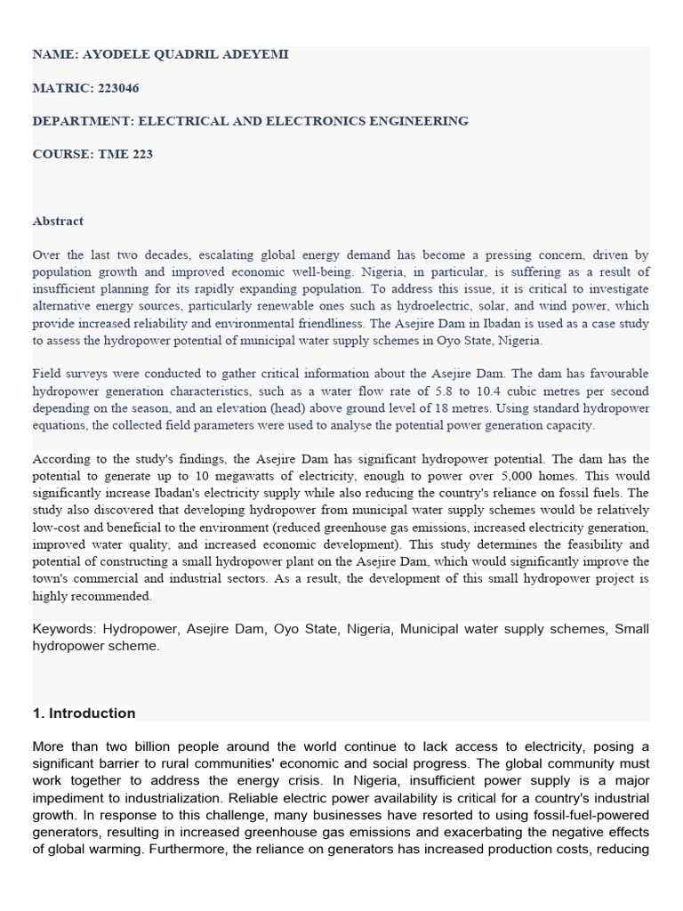 Ayodele Quadril Adeyemi Tme 223 Assignment | PDF | Energy Development | Renewable Energy