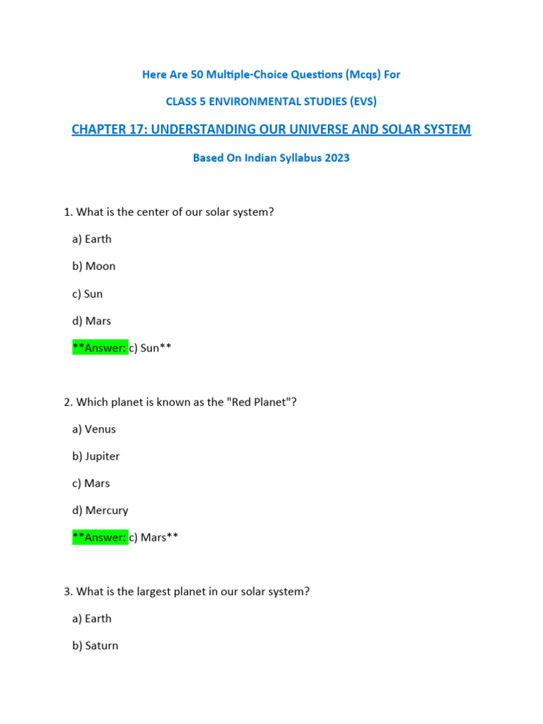 Class 5 EVS: Solar System MCQs | PDF | Planets | Solar System