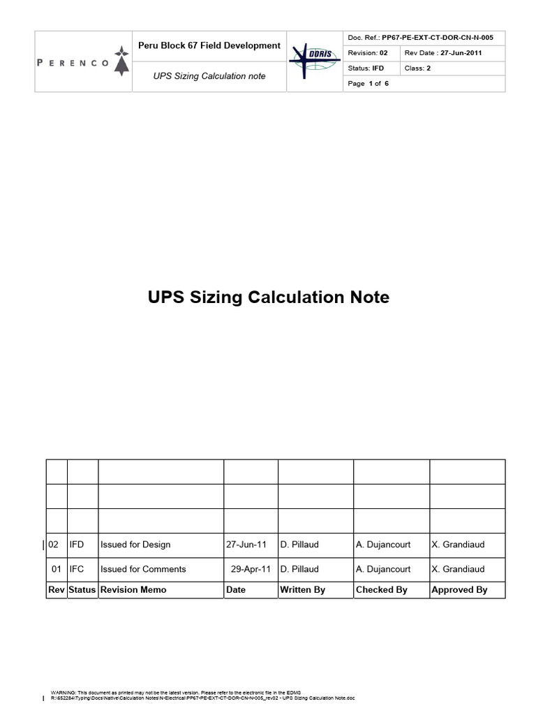 PP67-PE-EXT-CT-DOR-CN-N-005 - Rev02 - UPS Sizing Calculation Note | PDF | Relay | Electric Generator