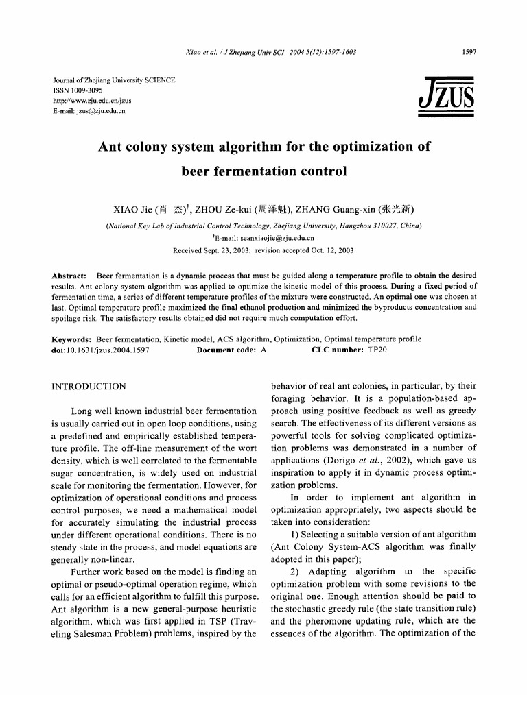 Ant Colony System Algorithm For The Optimization of Beer Fermentation Control (Journal of ...