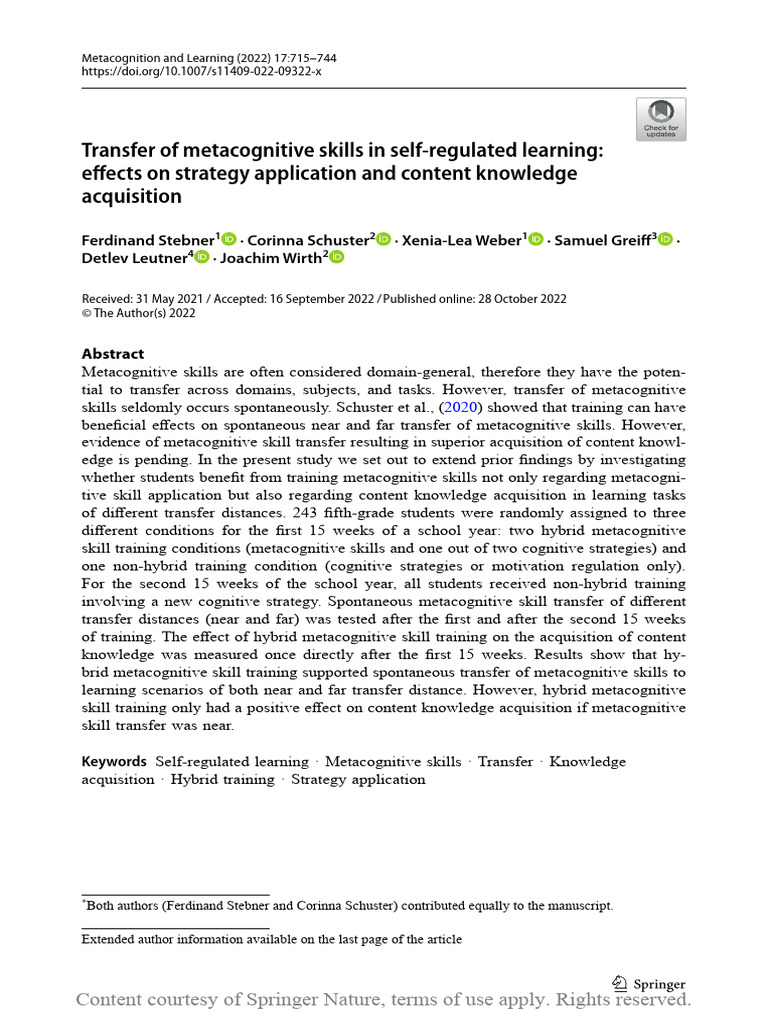 Transfer of Metacognitive Skills in Self-Regulated | PDF | Metacognition | Learning