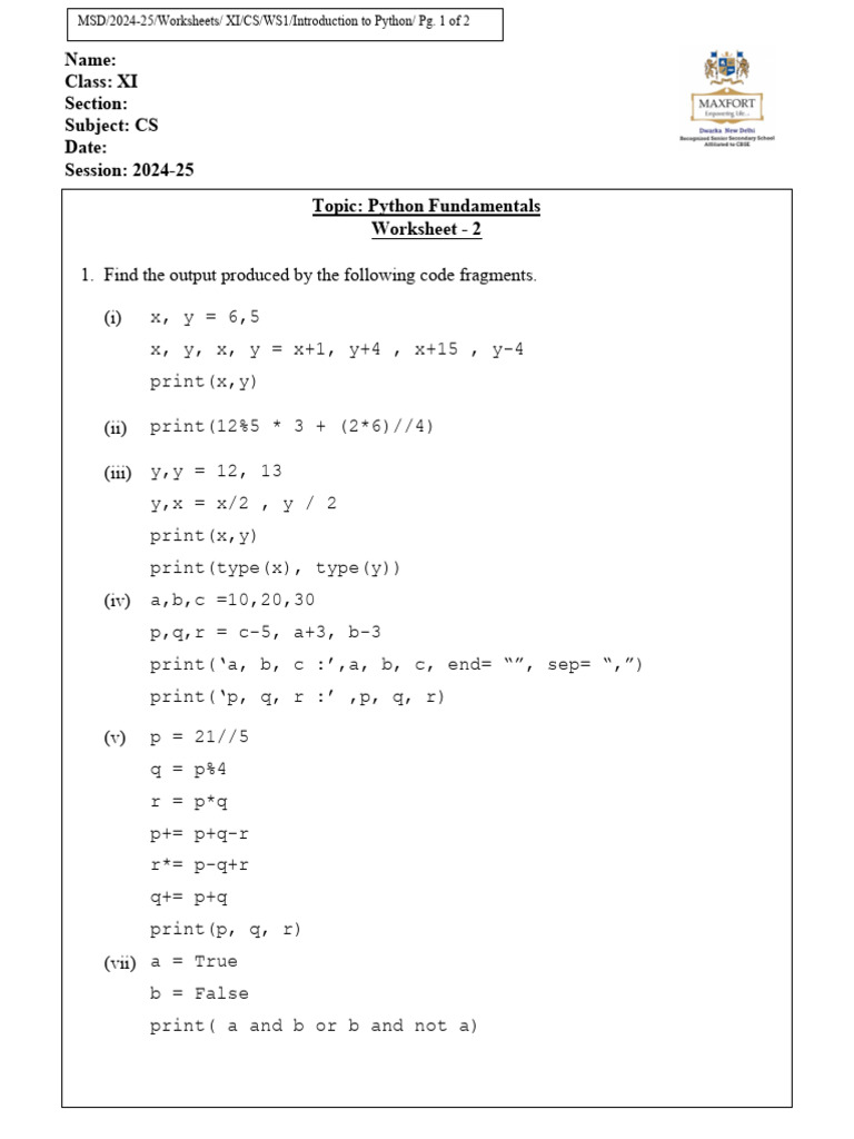 XI(CS) Introduction to Python-WS2 | PDF