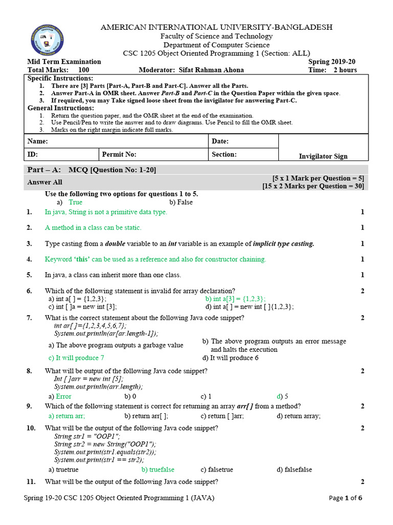 OOP1 MT Set A Question Spring 19 20 Vdraft | PDF | Class (Computer Programming) | Programming
