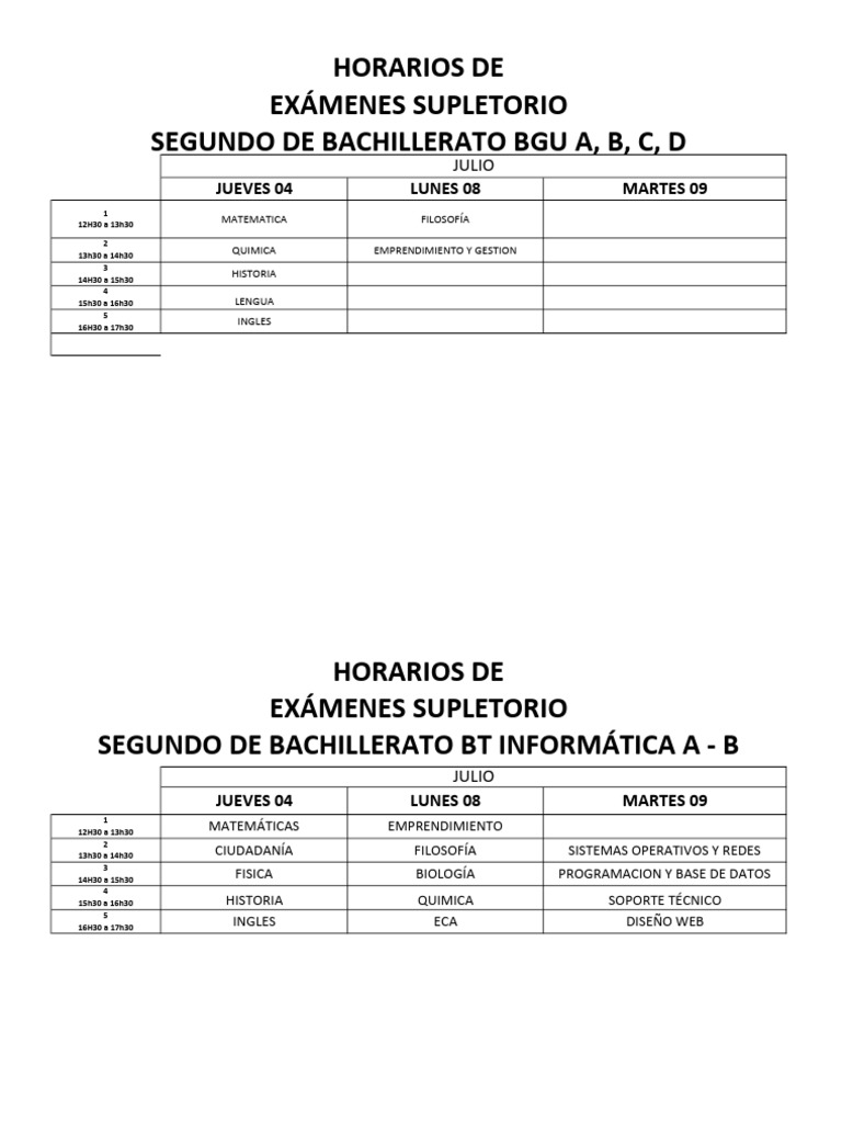 Horario de Examenes Supletorio Segund | PDF | Ingeniería | Informática
