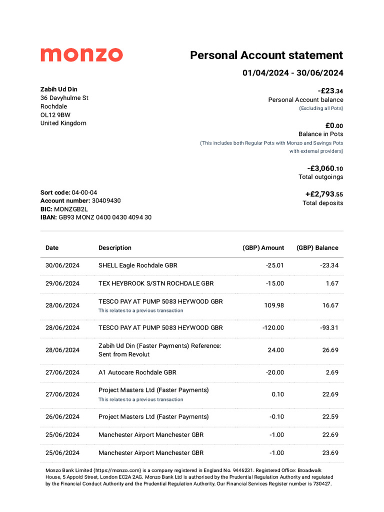 Monzo Bank Statement Big | PDF | Deposit Account | Banking