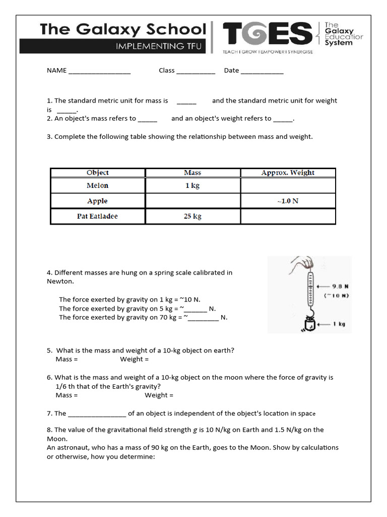 Mass and Weight Worksheet | PDF | Weight | Mass