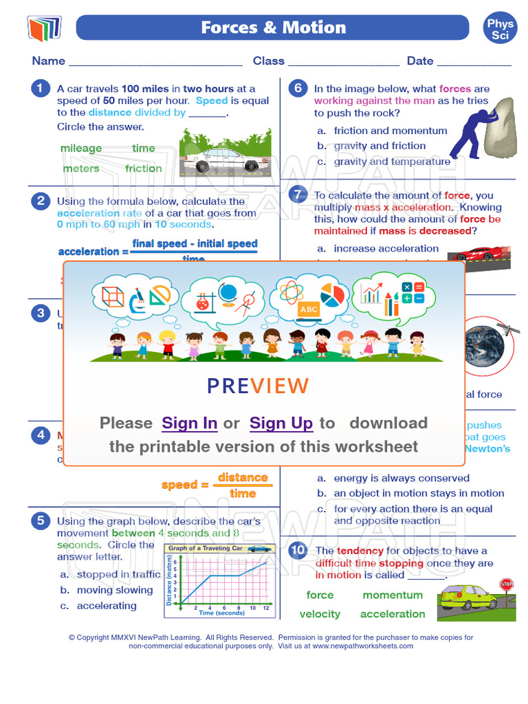 Worksheet Science Grade 7 Motion 1 3 | PDF | Acceleration | Force