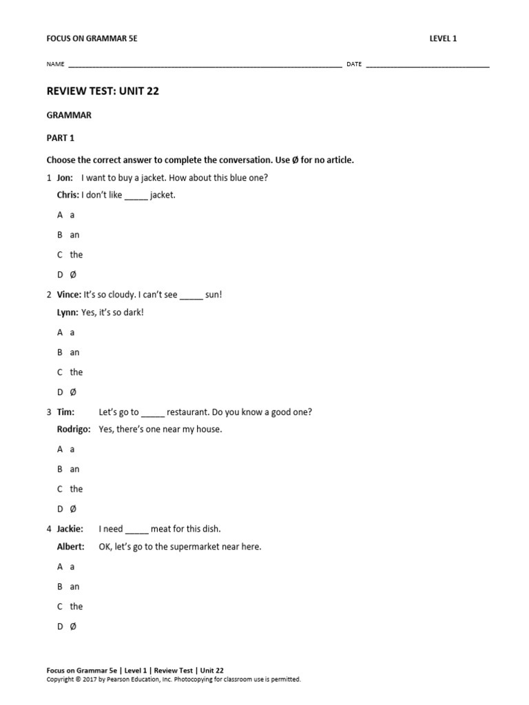 FOG1 Unit 22 Review Test | PDF | Language Arts & Discipline