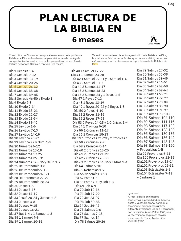 Plan Lectura de La Biblia en 6 Meses - 240604 - 163802 | PDF | Salmos | Libros de la Biblia hebrea