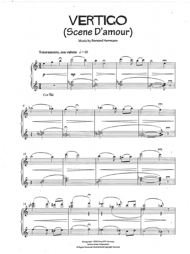 Sheet Music - Movie - Herrmann - Vertigo - Scene D'amour - Piano Solo ...