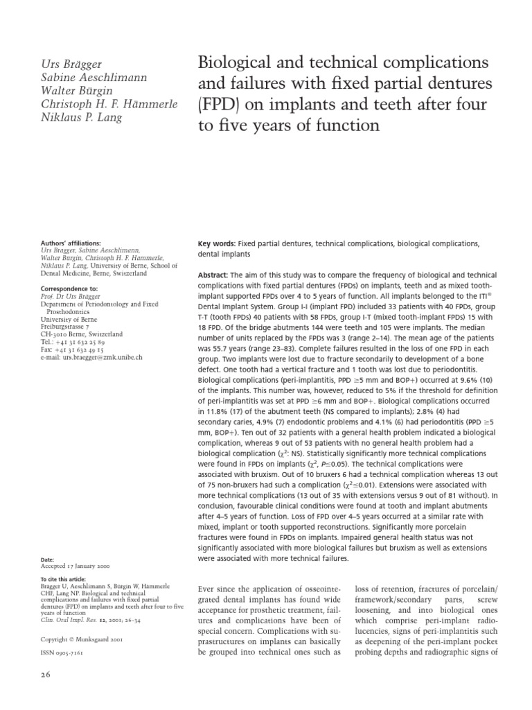 Biological and Technical Complications and Failures With Fixed Partial ...