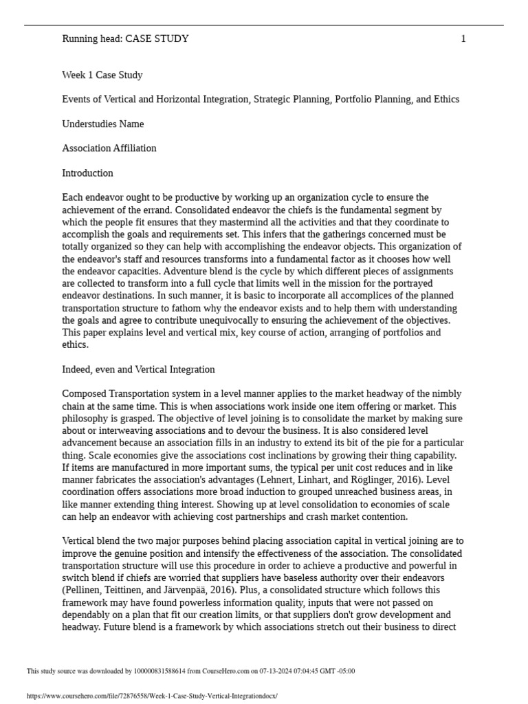 Week 1 Case Study Vertical Integration | PDF | Supply Chain | Business