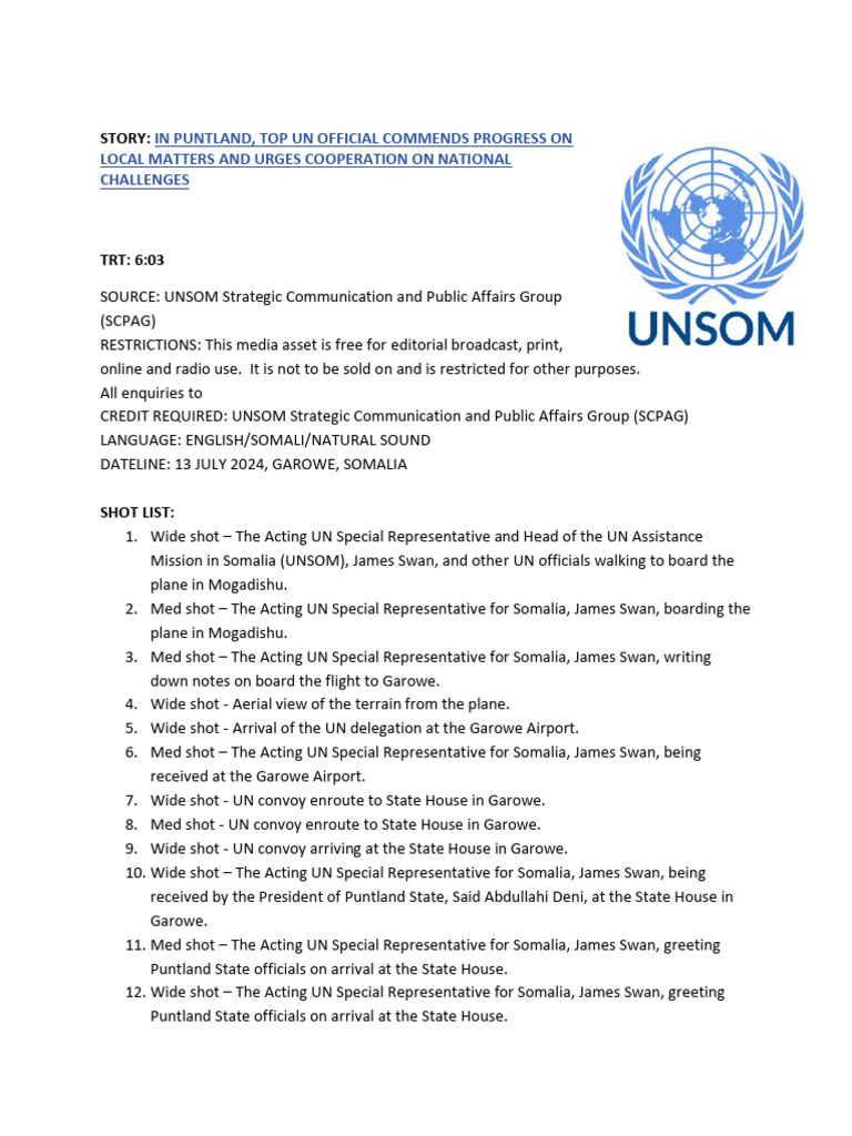 English Article and Shot-List - in Puntland, Top Un Official Commends ...