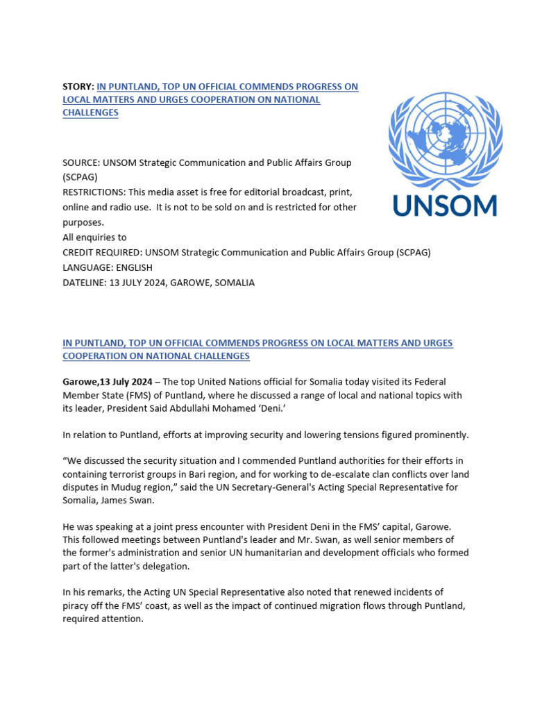 English Article - in Puntland, Top Un Official Commends Progress On ...