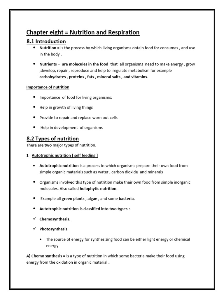 Chapter Eight Nutrition and Respiration | PDF | Cellular Respiration ...
