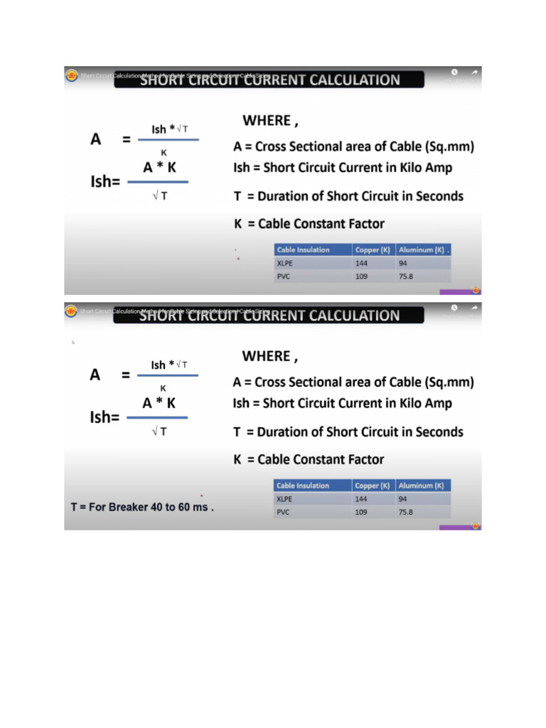 Cable Calculation of Short Circuit Rating You-Tube | PDF