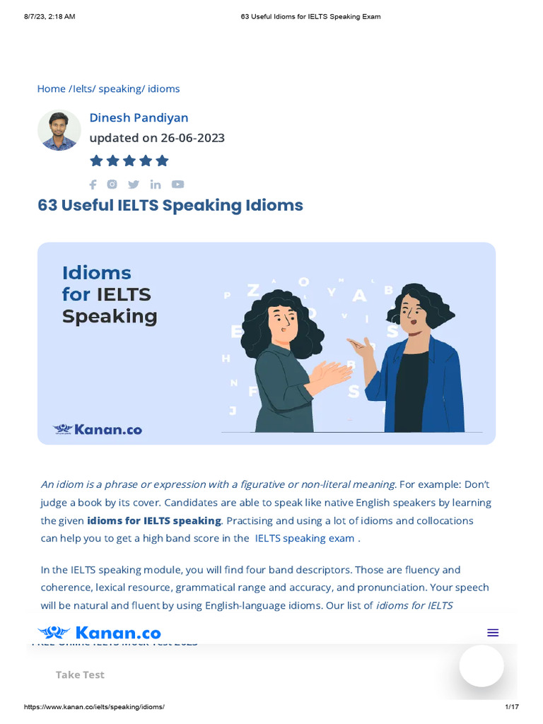 63 Useful Idioms For IELTS Speaking Exam | PDF | Idiom | Linguistics