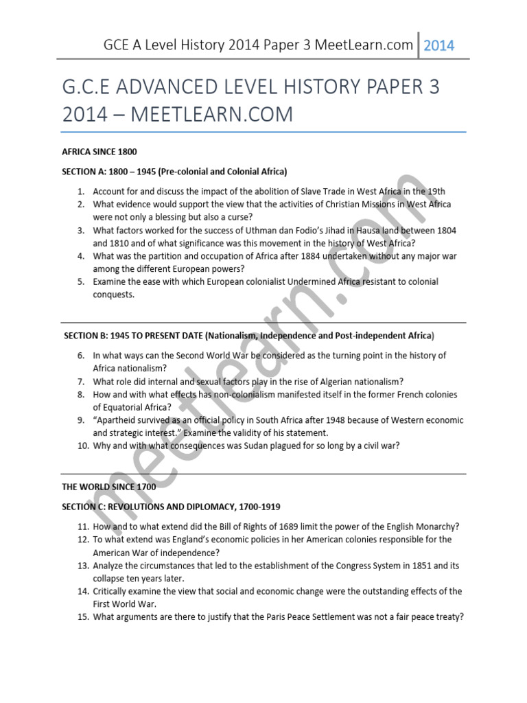 Advanced Level History Paper 3 2014 GCE Revision Papers | PDF | Africa ...