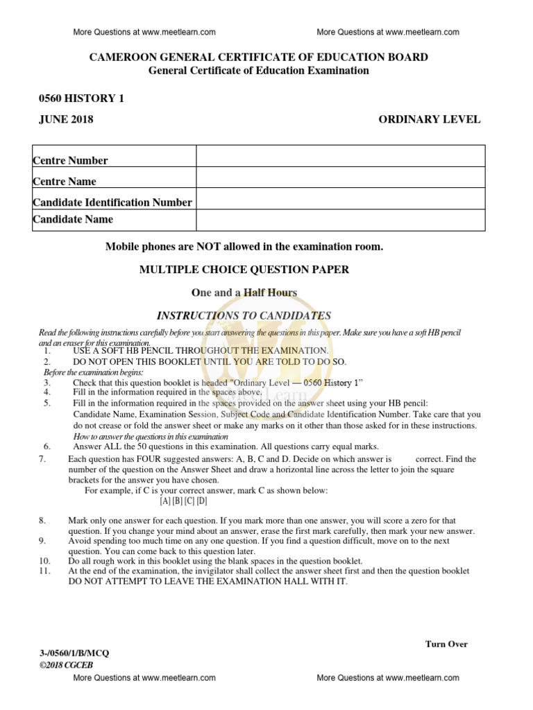 GCE Ordinary Level History Paper 1 Questions 2018 GCE Revision | PDF | Africa | Cameroon