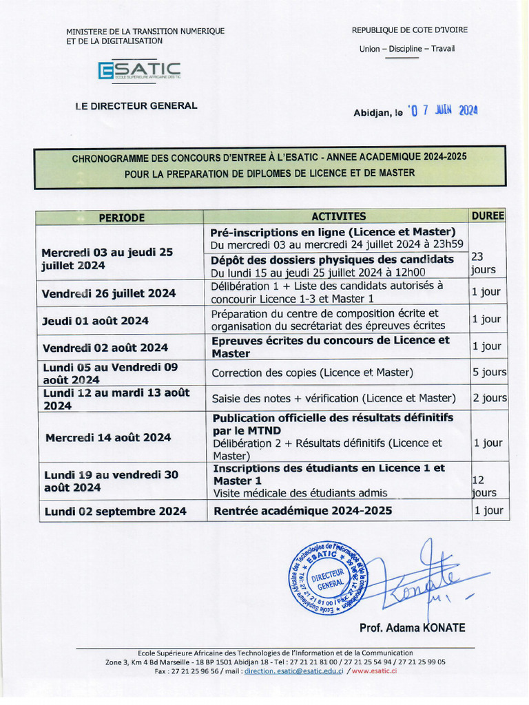 Chronogramme Du Concours Dentree A ESATIC | PDF