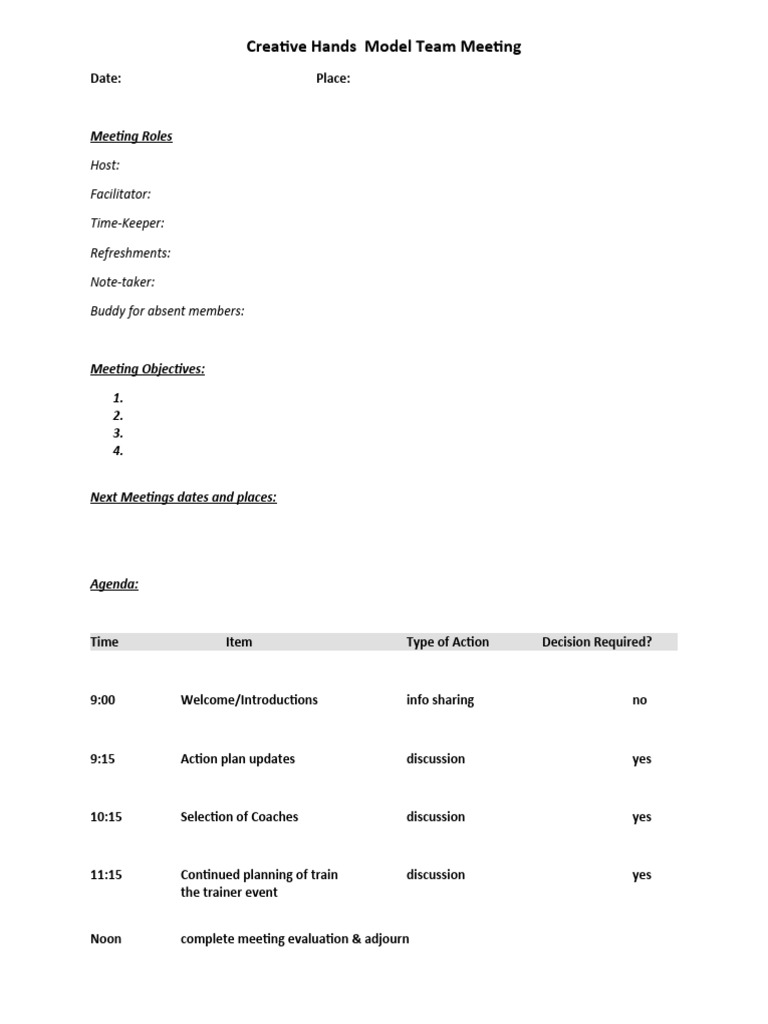 Creative Hands Model Team Meeting | PDF