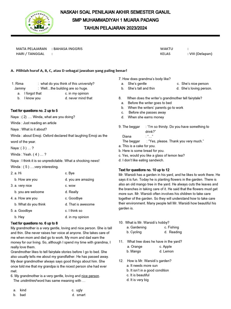 SOAL B.ING 8 S1 2023 Sri Wahyuni | PDF
