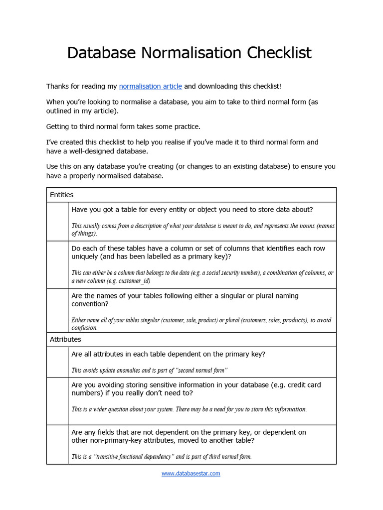 db_normalisation_checklist | PDF | Databases | Table (Database)