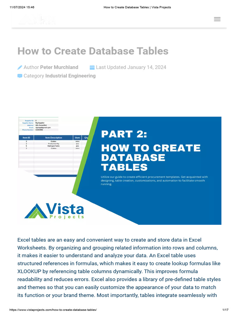 How To Create Database Tables Vista Projects Pdf Supply Chain