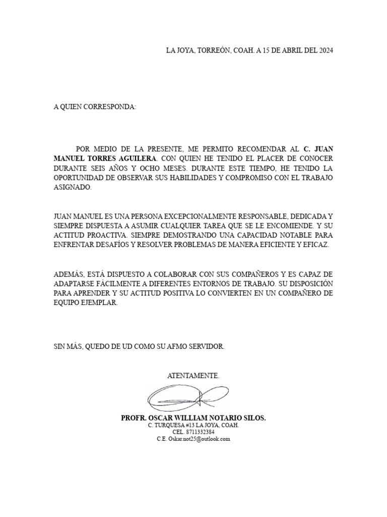 Carta de Recomendacion Formato | PDF