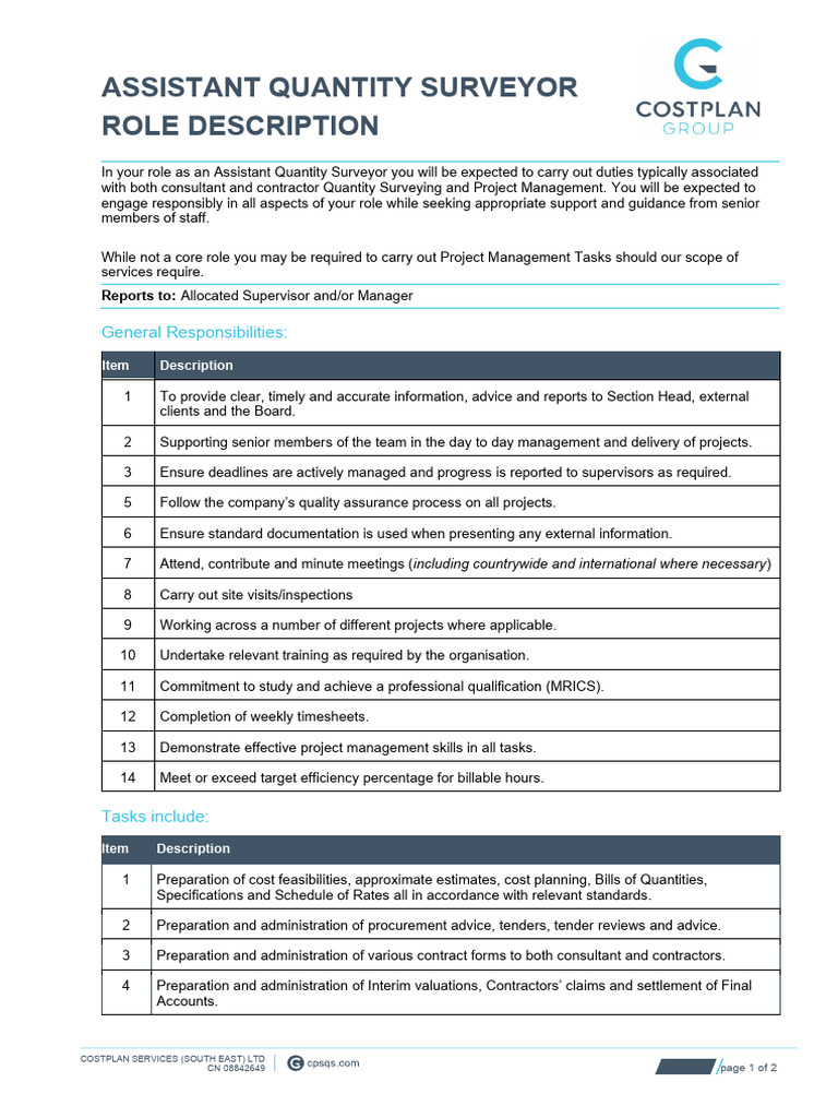 Job Description - Assistant Quanity Surveyor | PDF | Project Management ...