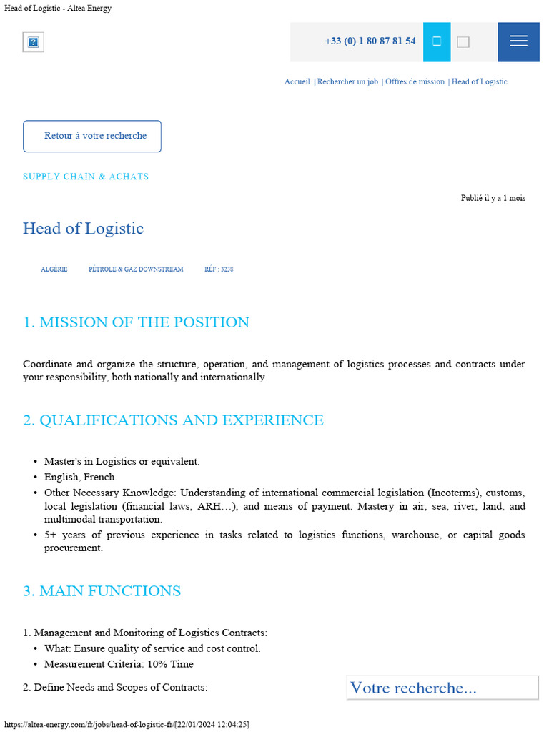Head of Logistics Position at Altea Energy | PDF | Logistics | Supply Chain