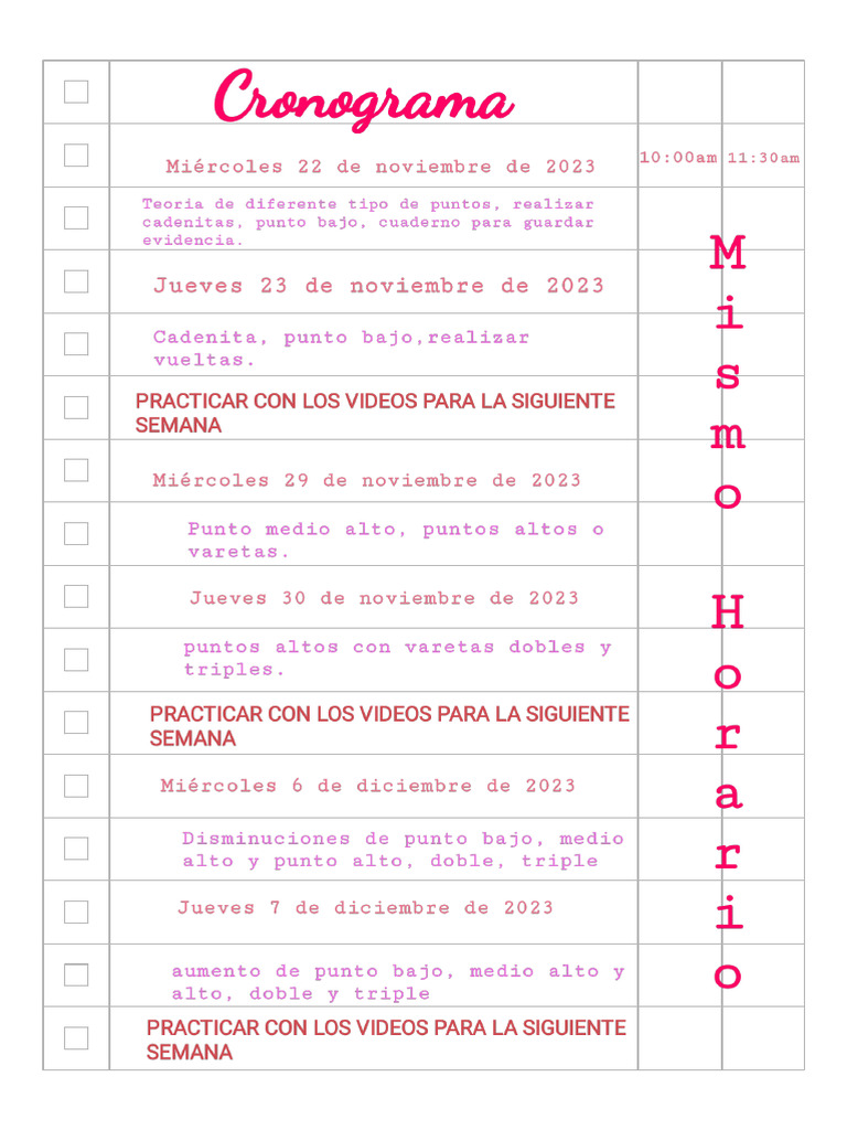 Cronograma de Curso de Crochet Básico | PDF