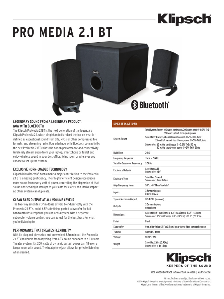 Pro Media 2.1 BT Spec Sheet v04 | PDF | Technology & Engineering