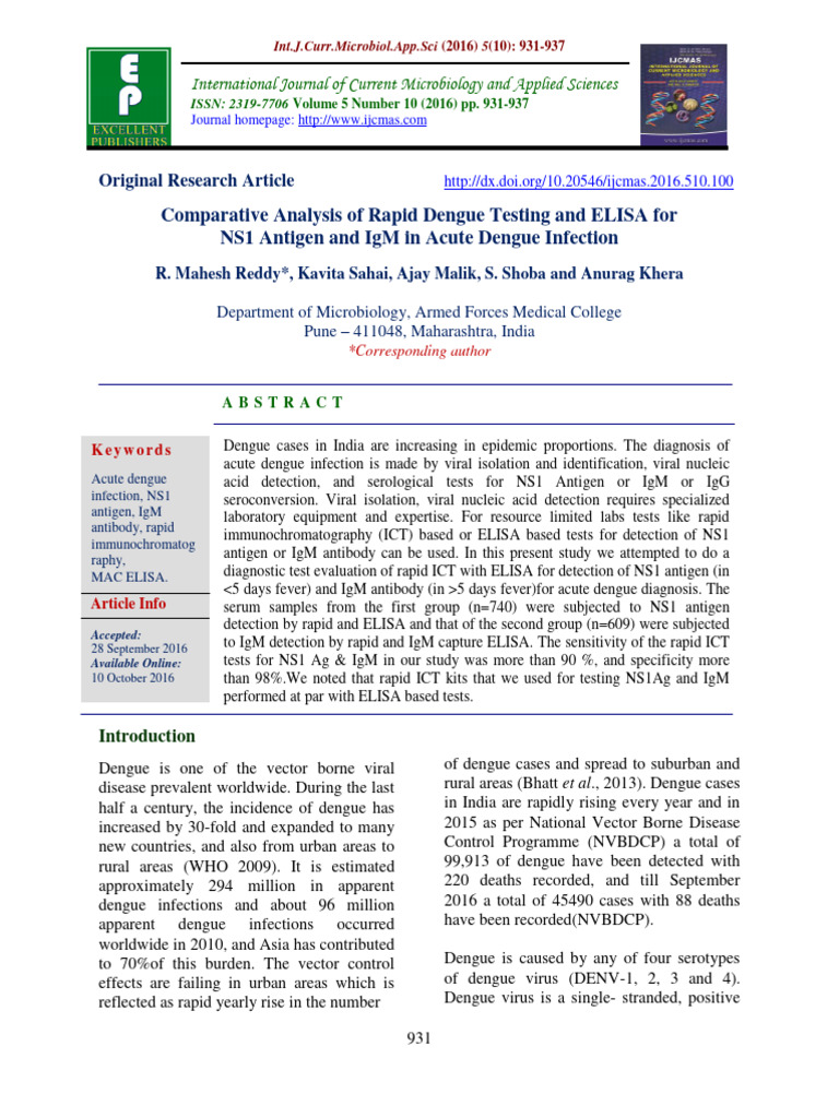 Patologi Klinik Comparative Analysis Of Rapid Dengue Testing And Elisa For Pdf Elisa Serology